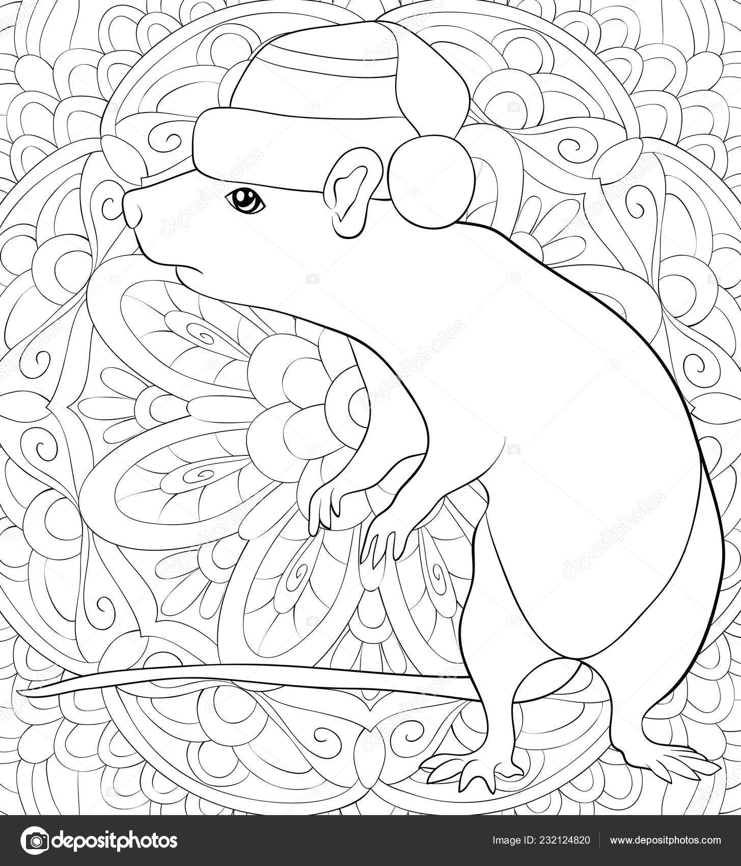 Cute Rat Wearing Christmas Cap Floral Abstract Background Ornaments ...