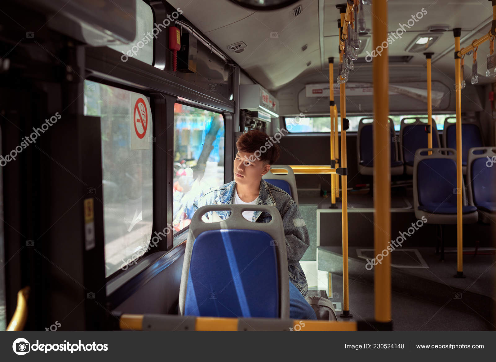 Passenger Traveler Looking Window Bus Man Tourist Sitting Bus — Stock ...