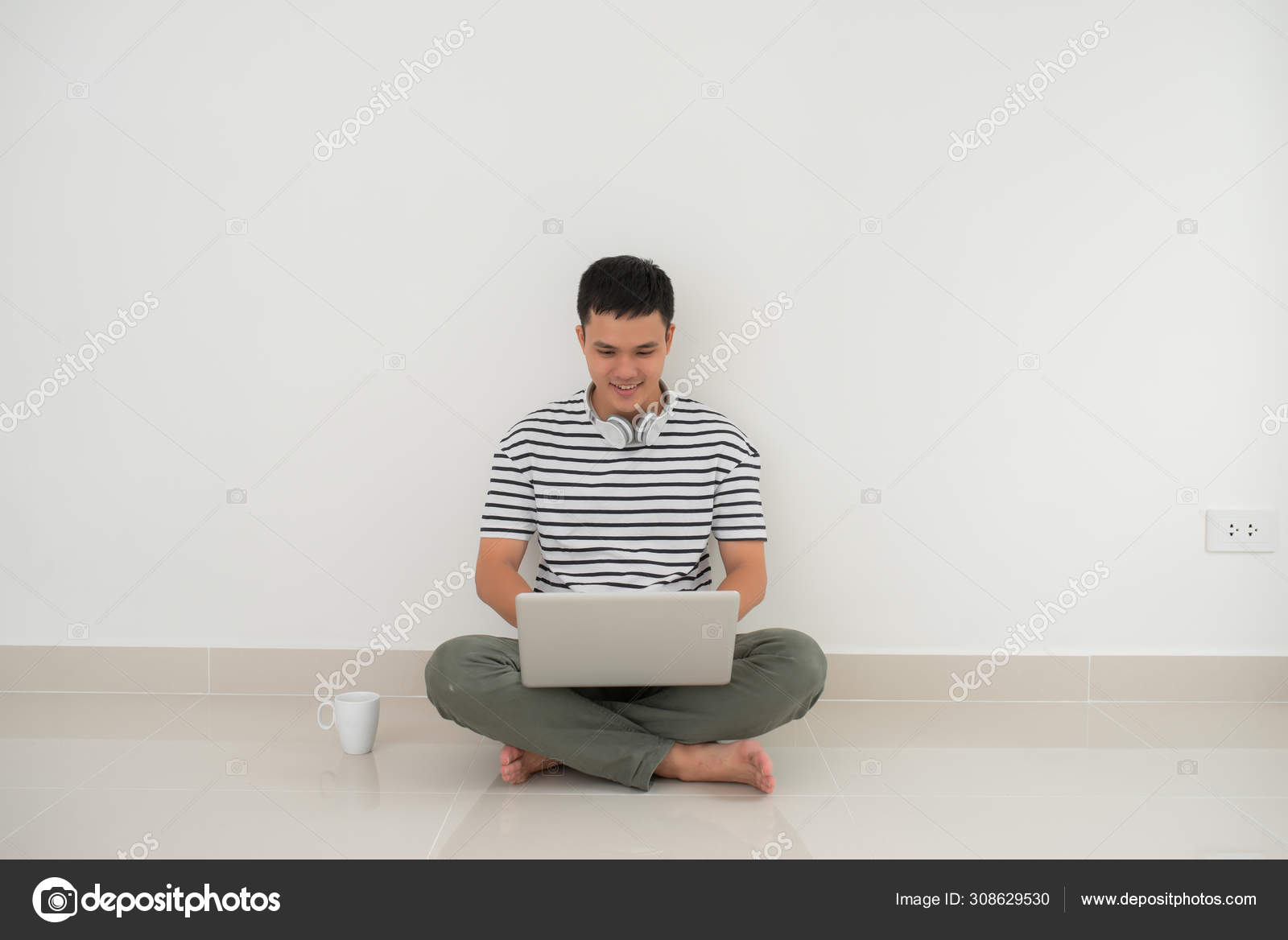 Man Sitting Floor Laptop Computer Studio Isolated White Background ...