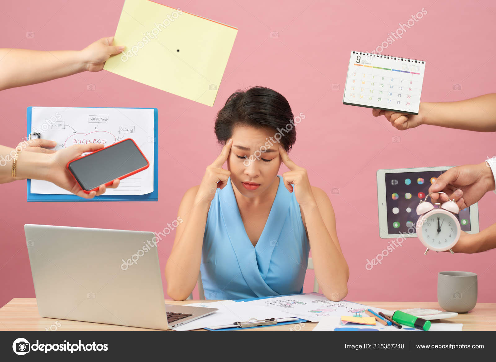 Overworked Young Employee Refuses All Things Frowns Face Annoyance Sits ...