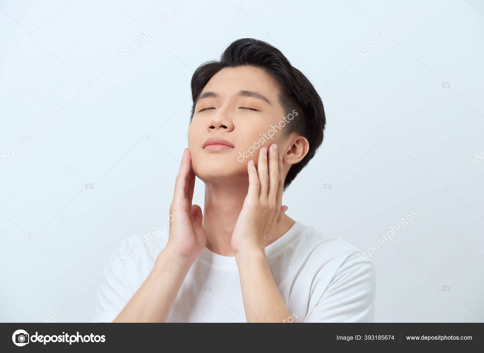 Handsome Man Touching His Face Close Portrait Studio White Background ...