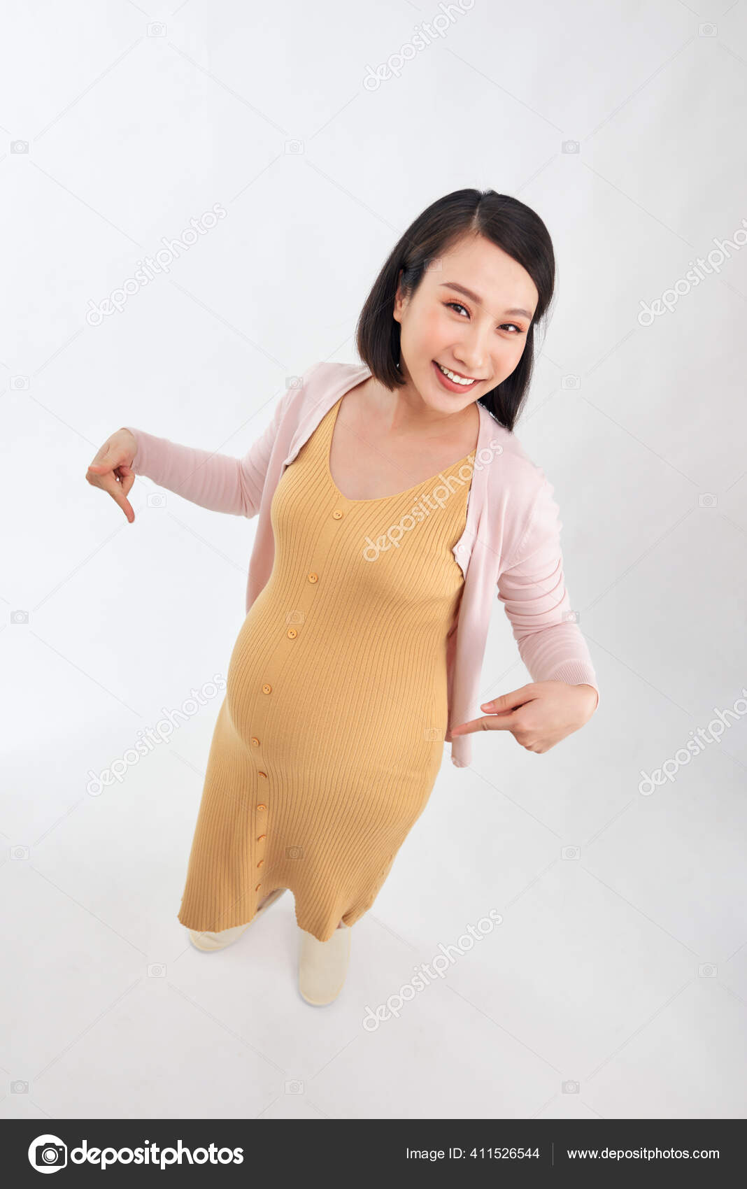 Portrait Joyful Happy Mama Smiling Brightfully Pointing Her Belly Hands ...