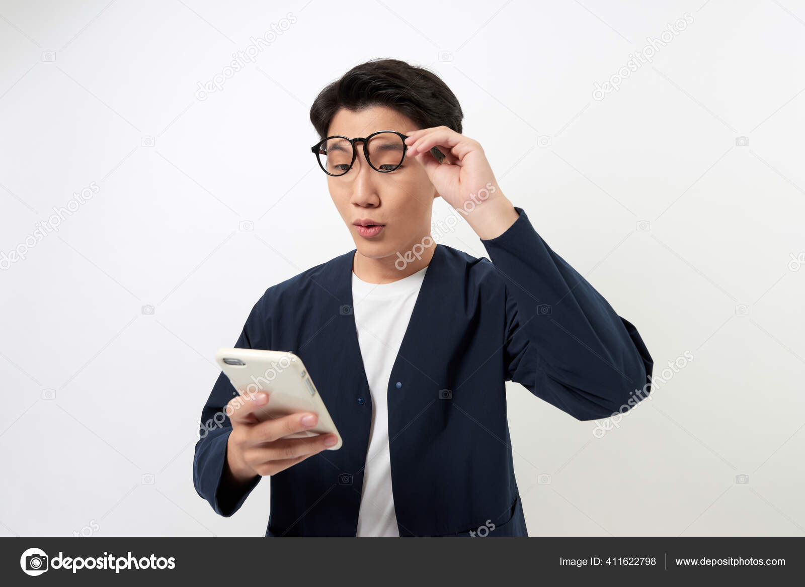 Surprised Happy Asian Man Holding Phone Looking Cellphone Read Good ...