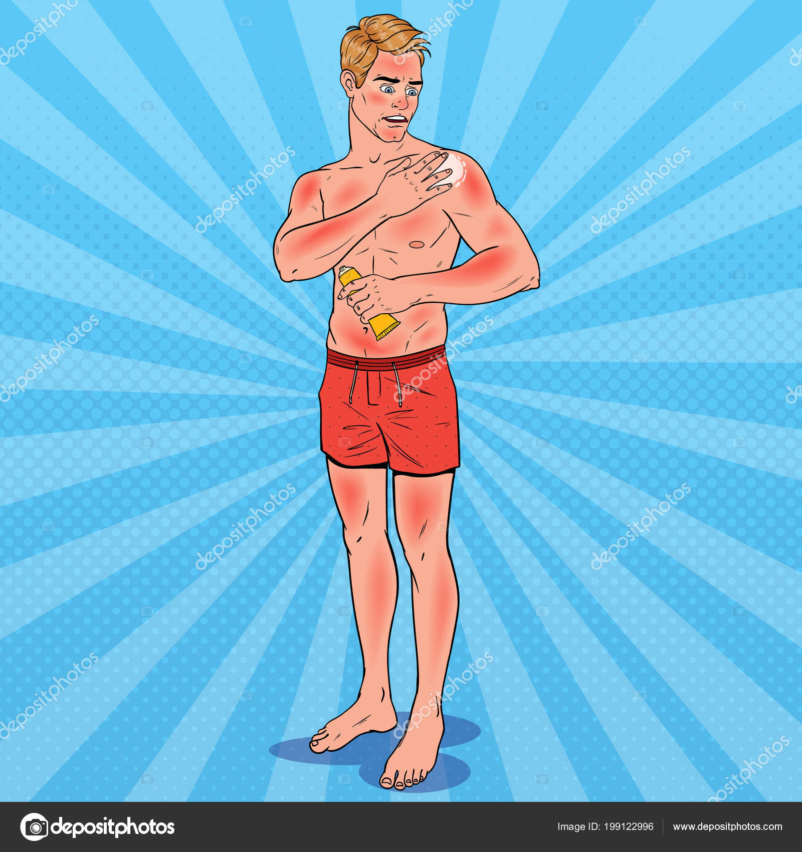 Pop Art Man With Sunburn Tourist Applying Suncream On Sunburned Skin