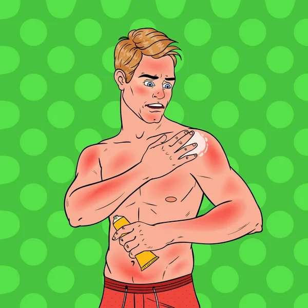 Pop Art Man With Sunburn Tourist Applying Suncream On Sunburned Skin