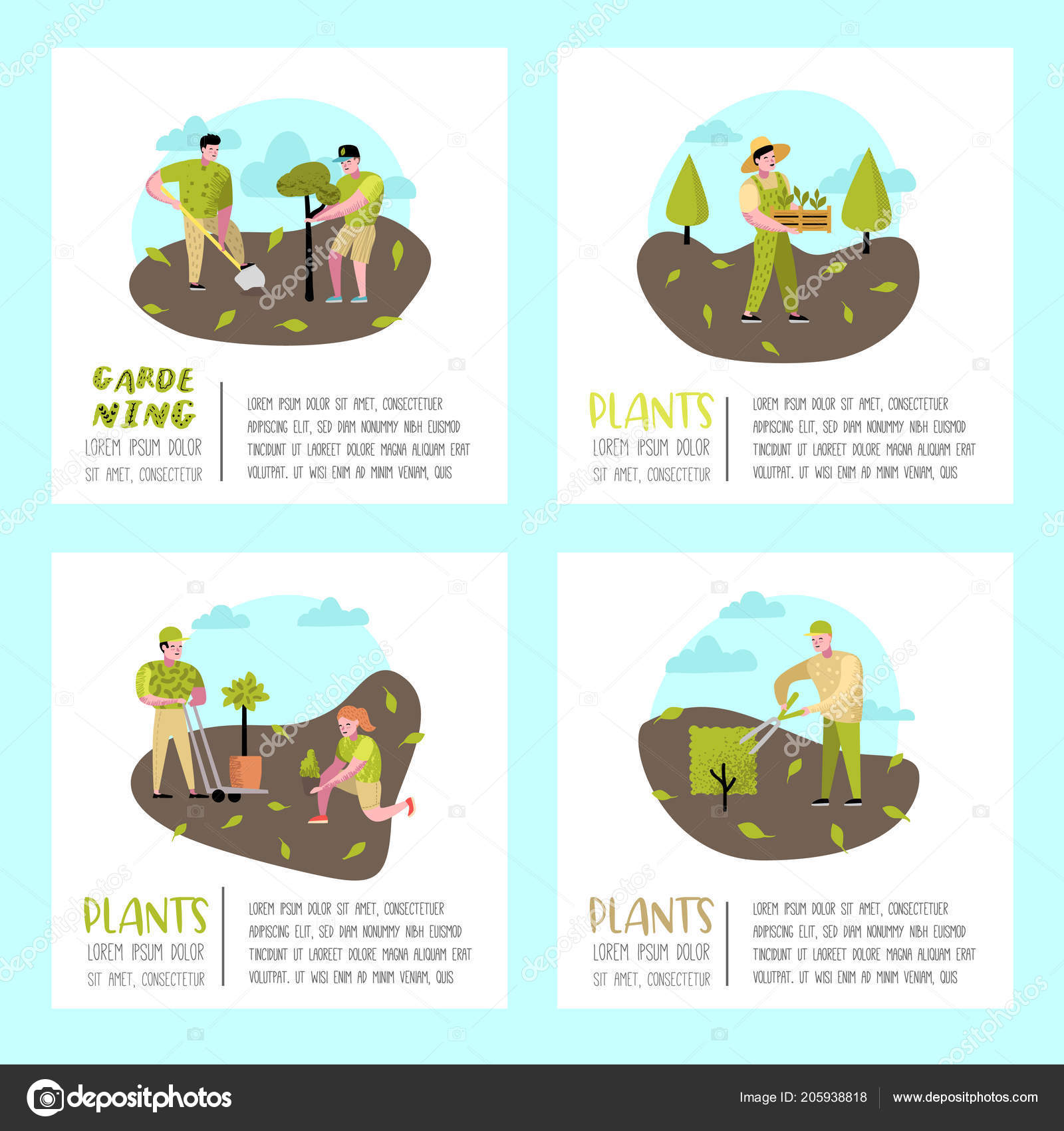 Gardening Cartoons Poster. Funny Simple Characters with Plants and ...