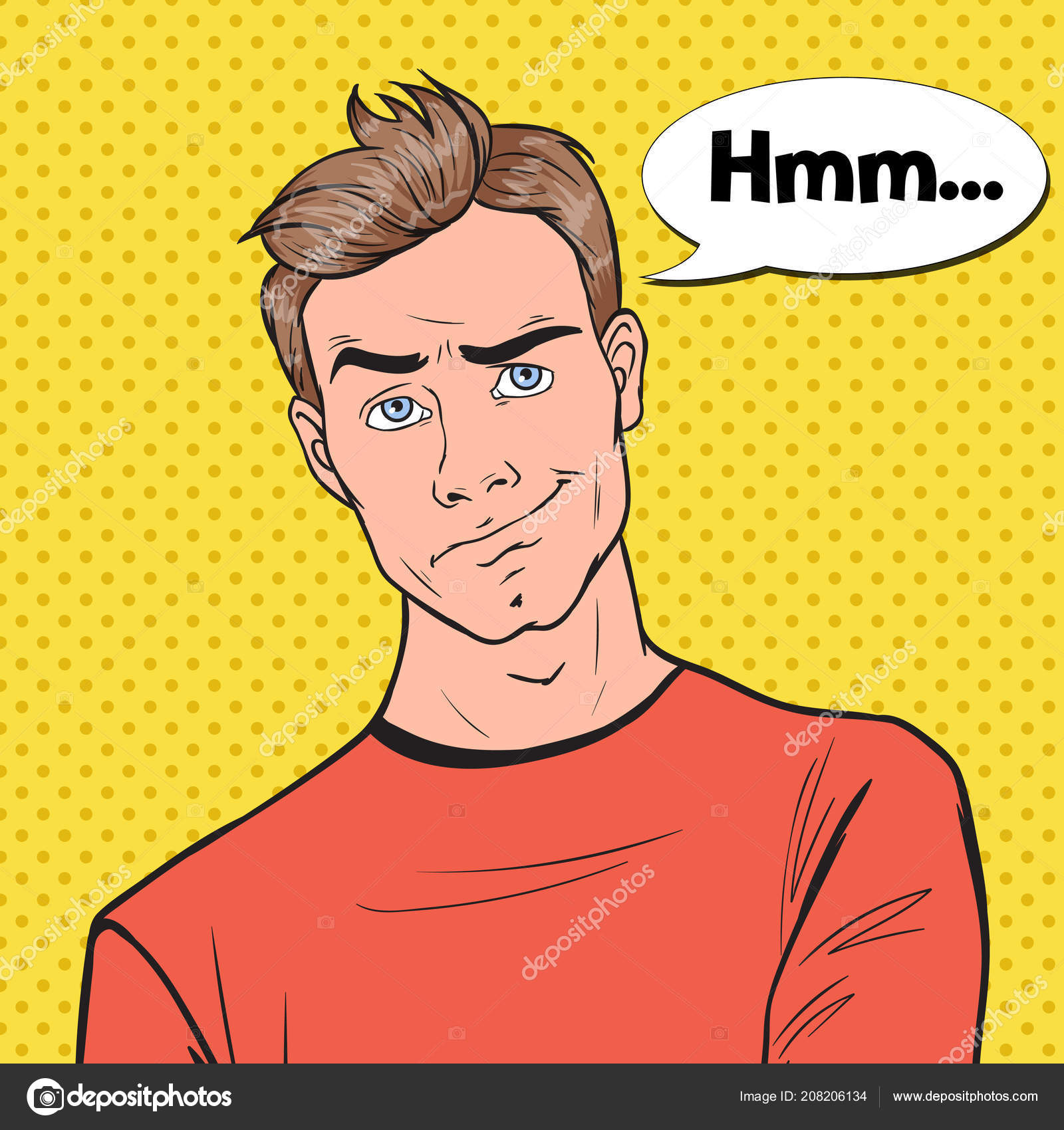 Pop Art Concerned Man Portrait. Thoughtful Worried Guy Facial ...