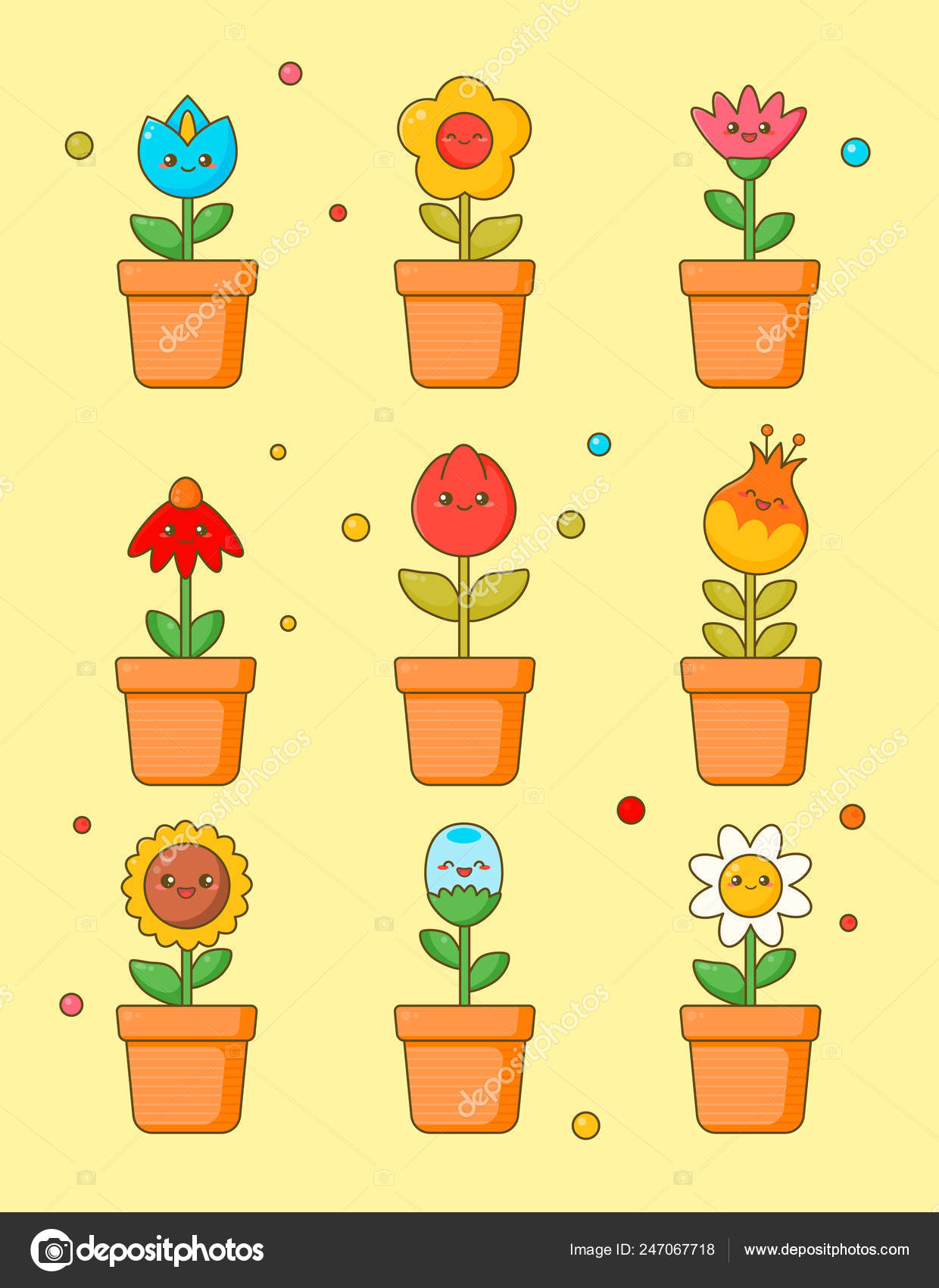 Roztomilý květ Kawaii Clipart samolepka sada. Květinové rostlin s Anime ...