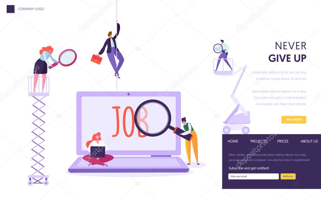 Búsqueda de empleo en línea Concepto Landing Page. Personaje de la gente con cuaderno y lupa ...