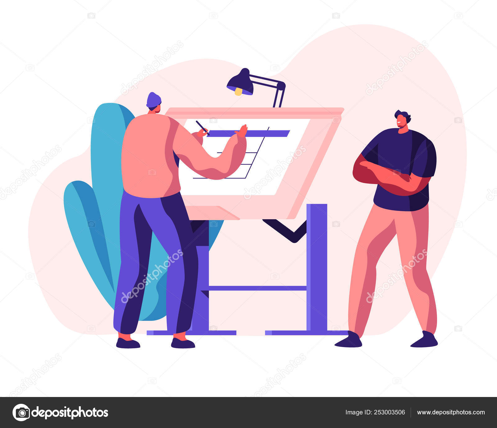 Engineer Architect Work on Draft Project on Drawing Board. Man Creator ...