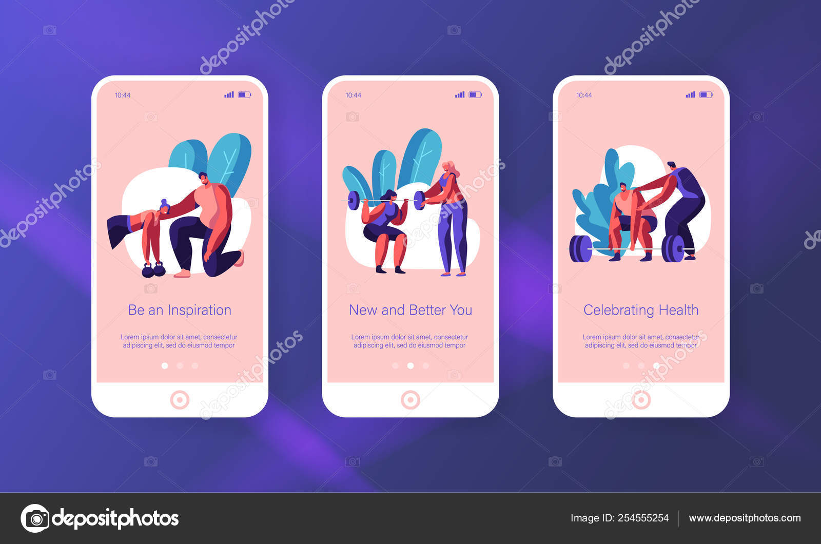People Training Exercise in Gym Mobile App Page Onboard Screen Set ...