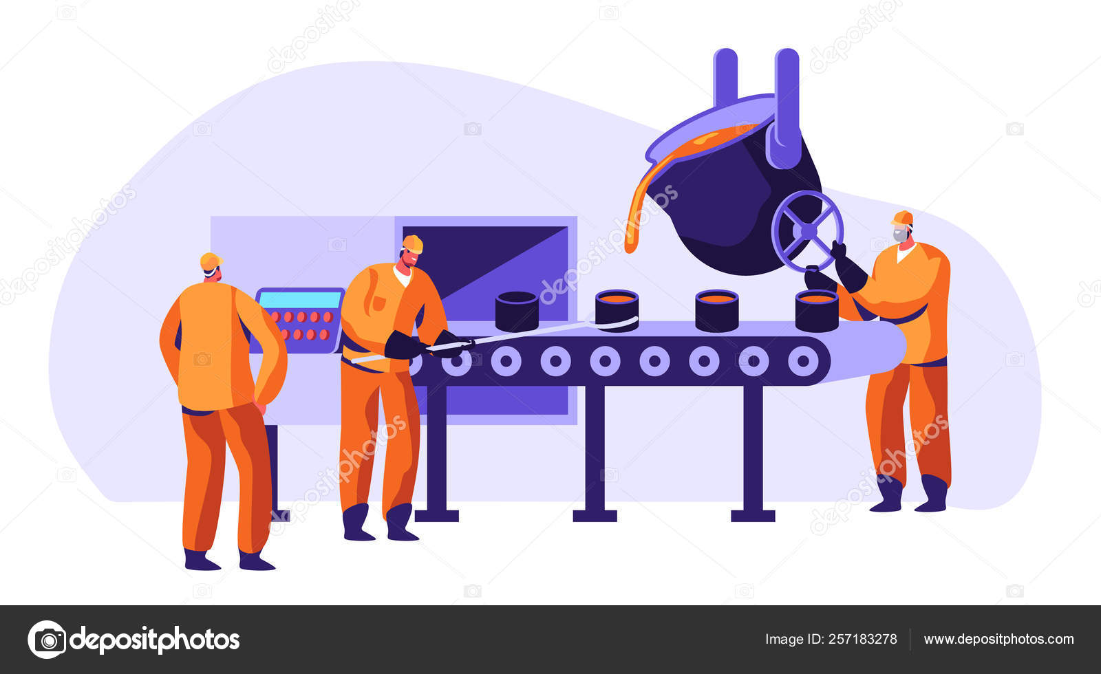 Metallurgy Industry Workers in Uniform Smelting Metal in Big Foundry ...