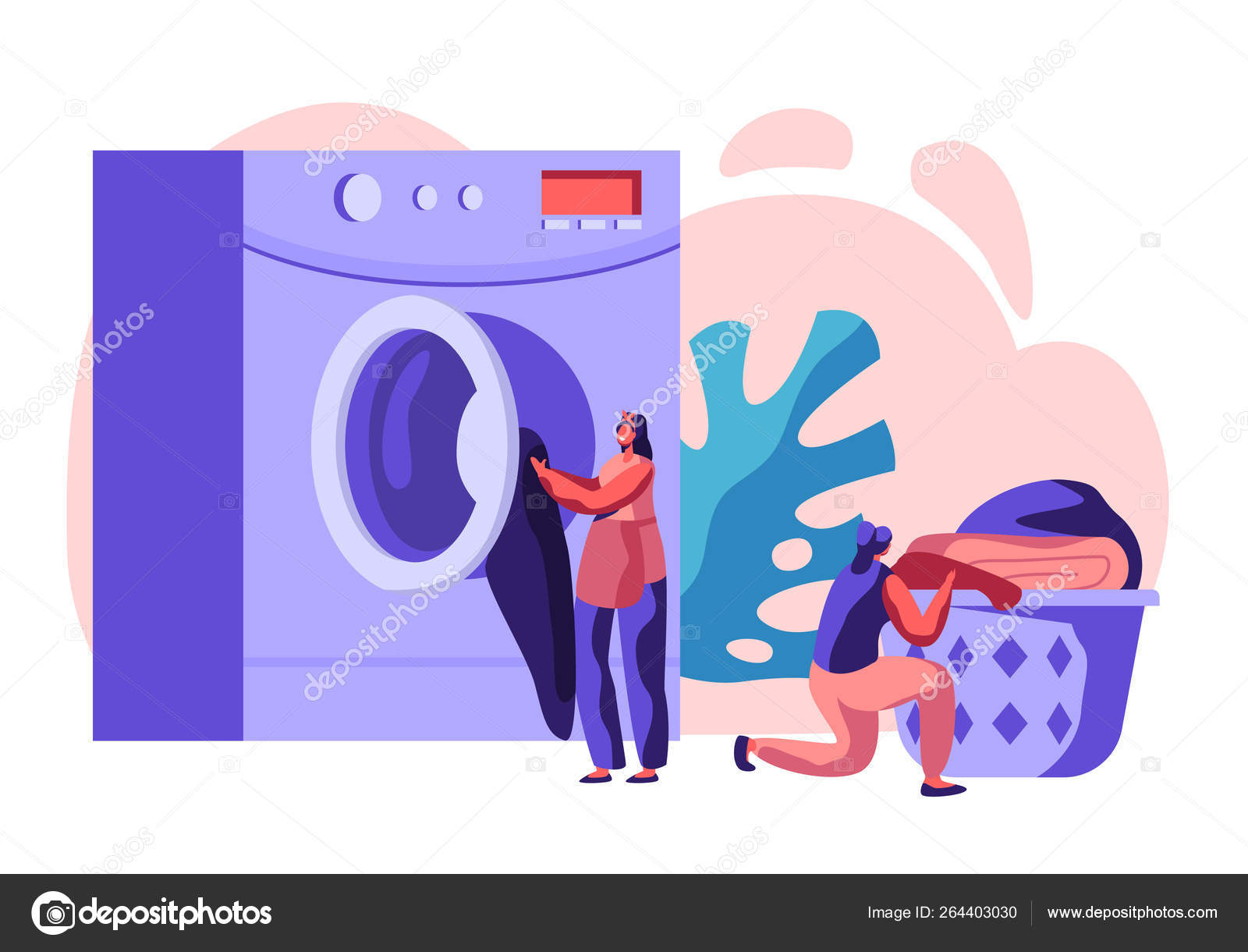 Personagens femininos na lavanderia pública que coloca roupas limpas ao cesto, carregando roupas ...