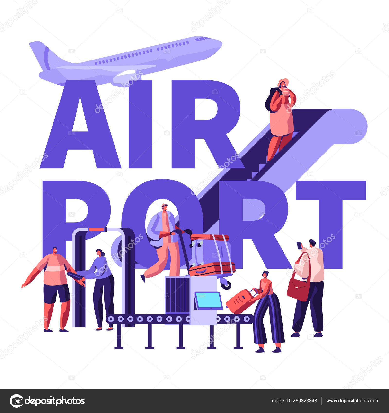 People in Airport Concept. Characters Prepare for Airplane Flight, Put ...