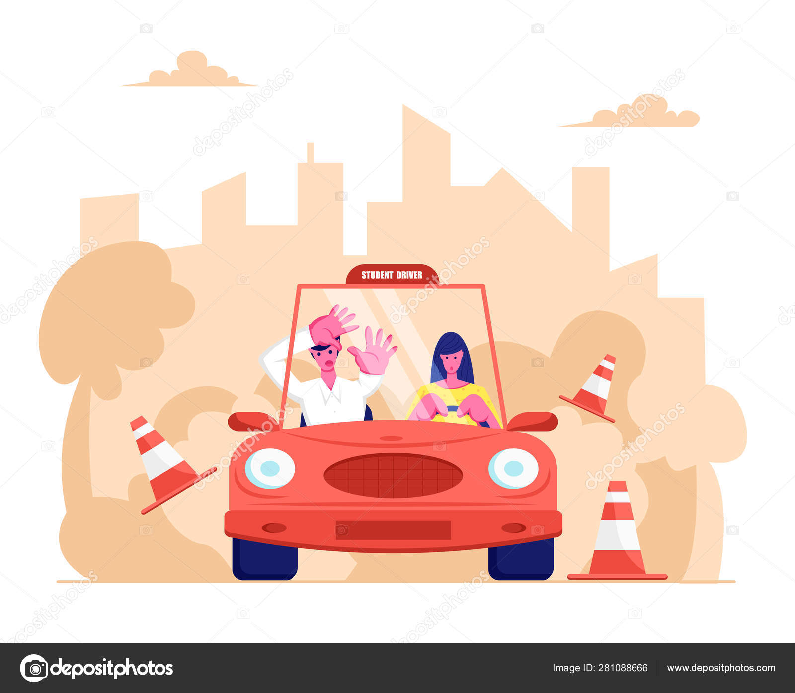 Cartoon Girl Going To School In Car