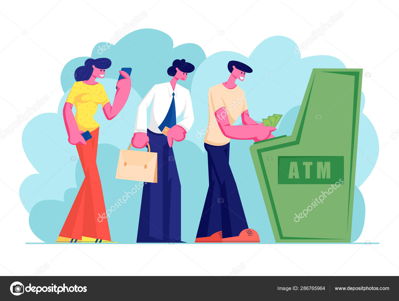 Characters Waiting in Turn to Draw or Put Money to Automated Teller ...