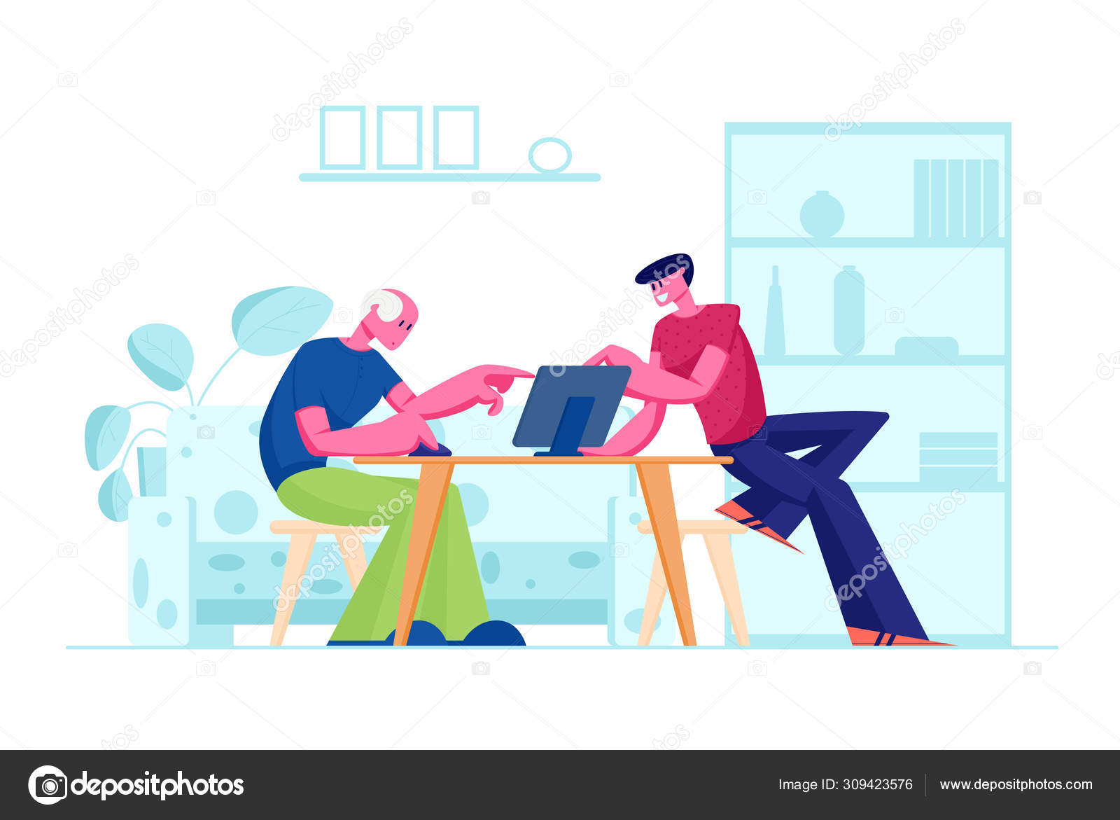 Young Son Teaching Father Sitting at Table How to Use Laptop. Grandson ...