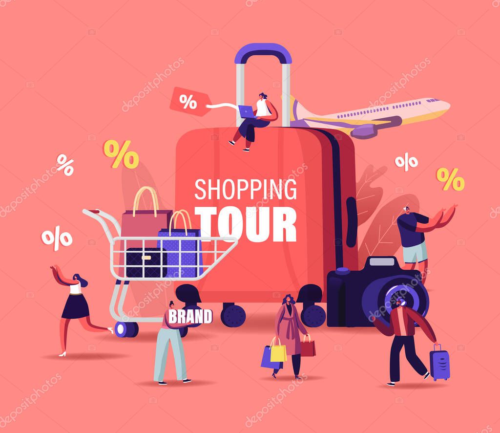 Shopping Tour Concept. Pequeños personajes femeninos masculinos con ...