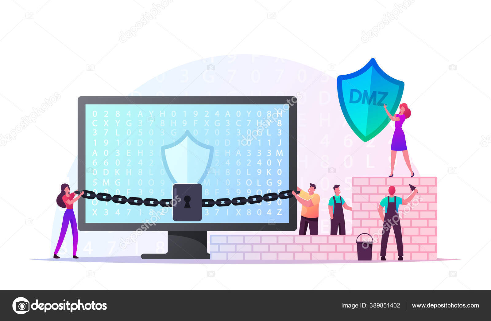 Demilitarized Zone Concept. Tiny Male and Female Characters Building ...