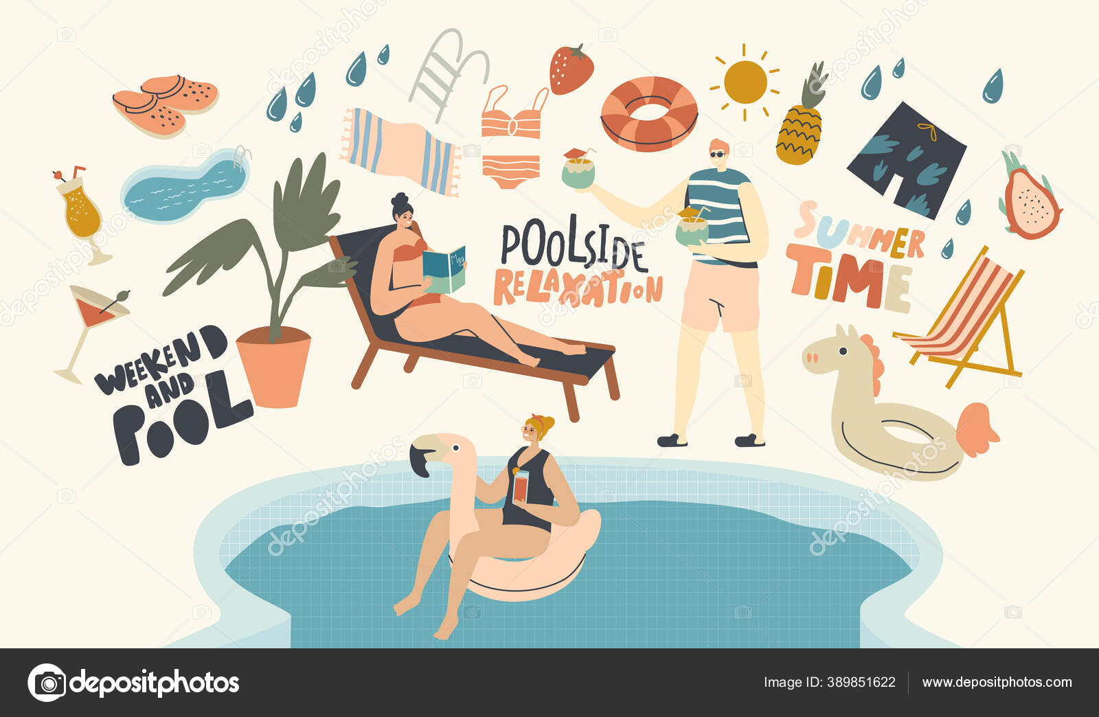 Basen Party Relax, Swim and Drink Summer Activity Concept.Young znaków ...