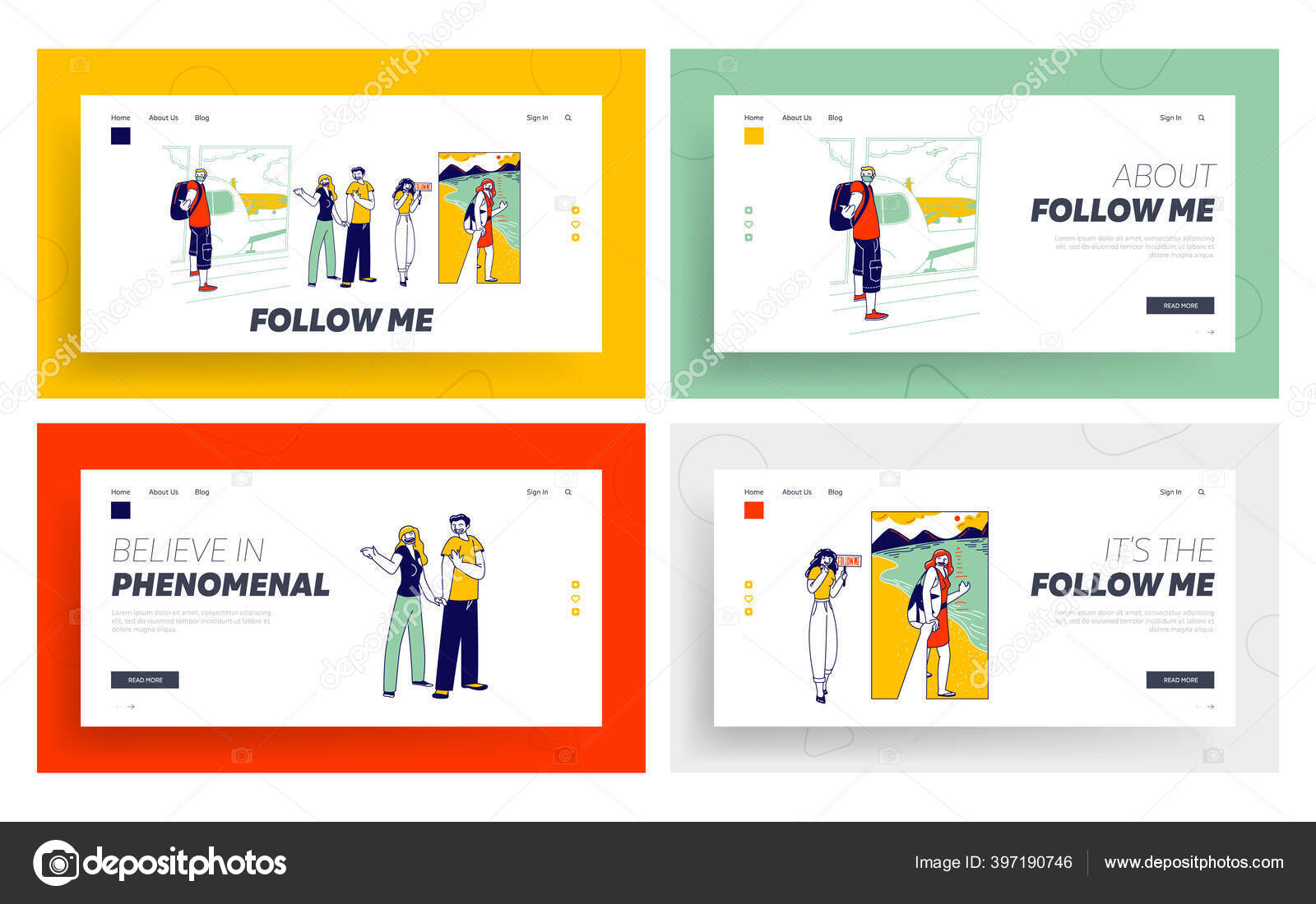 Follow Me Gesture Landing Page Template Set. Characters Outstretching ...