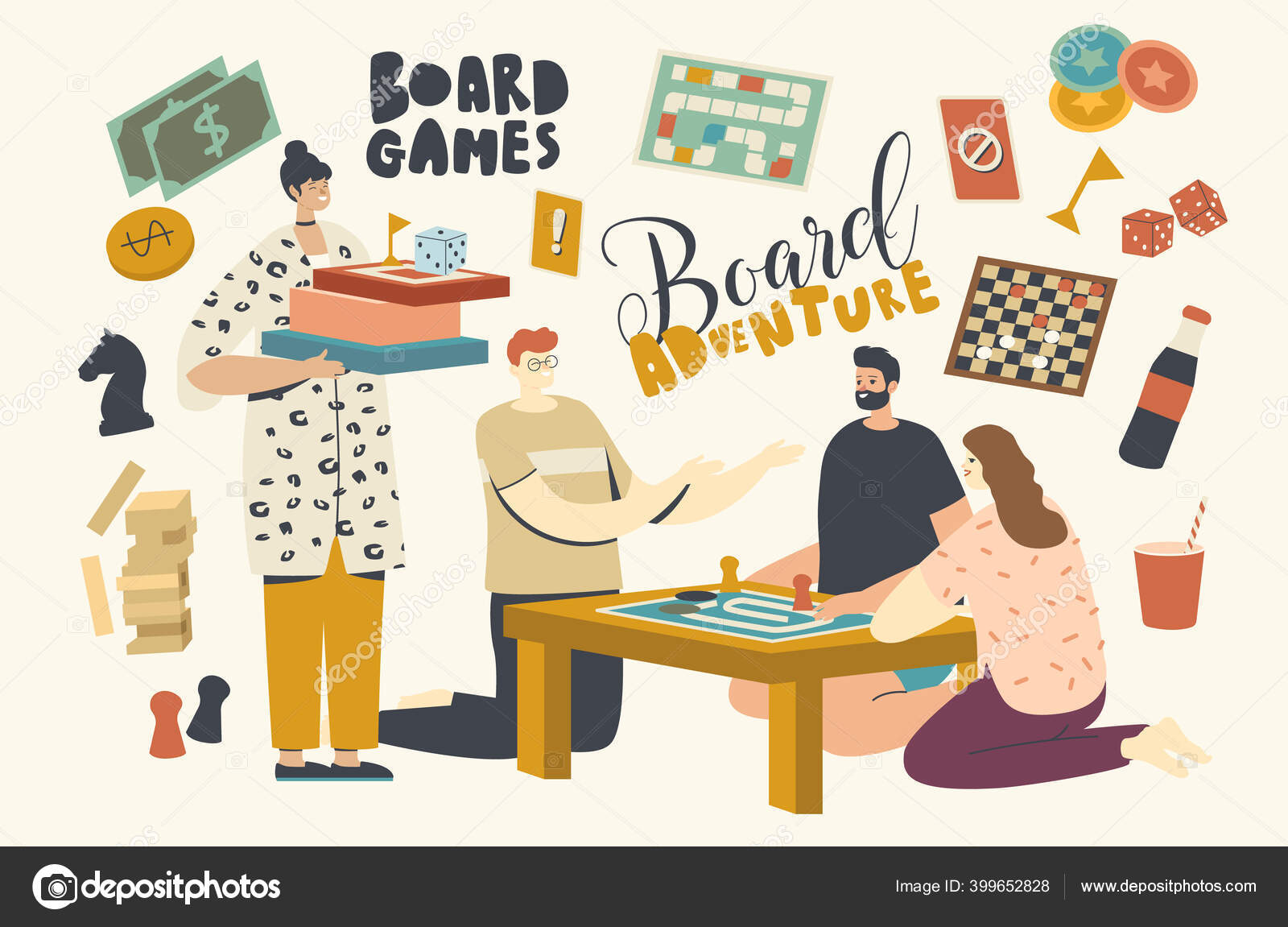 Characters Playing Board Games. Group of Young People Play Together on ...