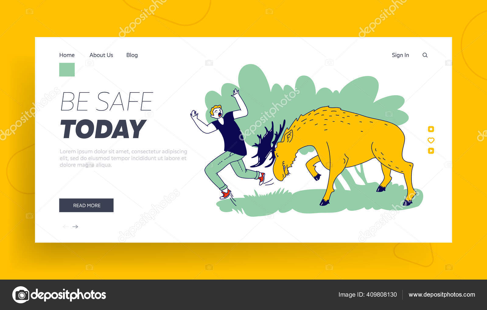 Character Escaping from Angry Horned Moose Landing Page Template. Man ...
