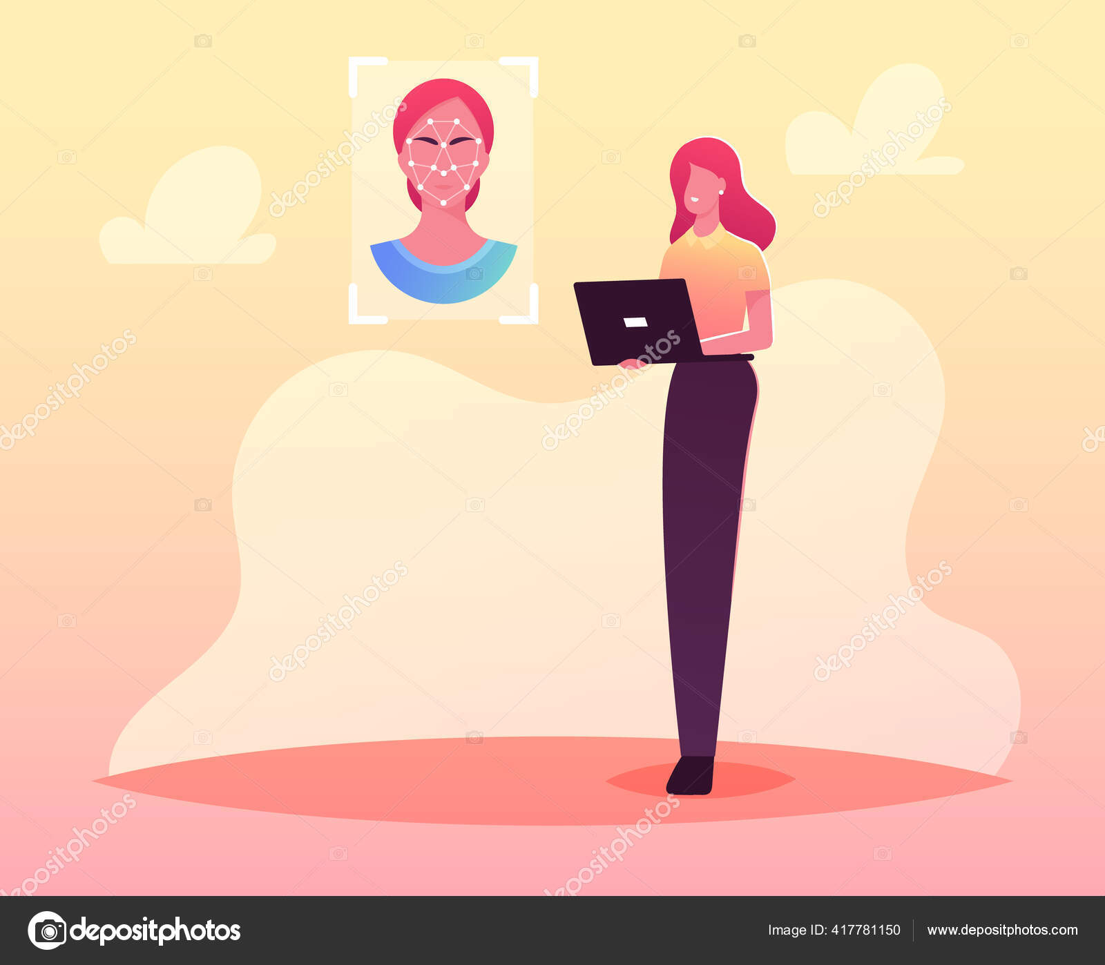 Facial Recognition. Female Character Scanning Face on Laptop for Id ...