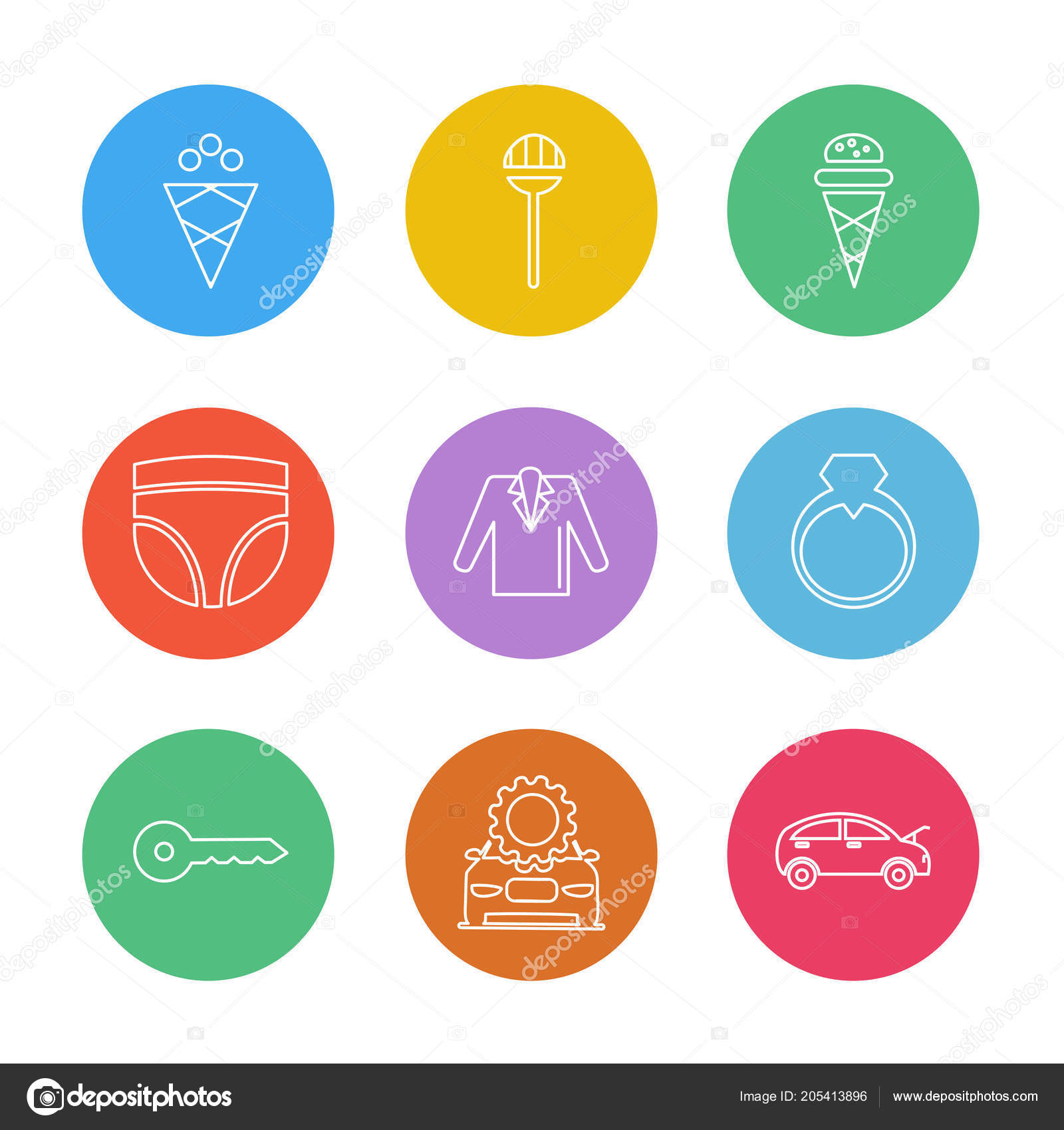 Colorful Collection Flat App Signs Vector Illustration Concept Car Food ...