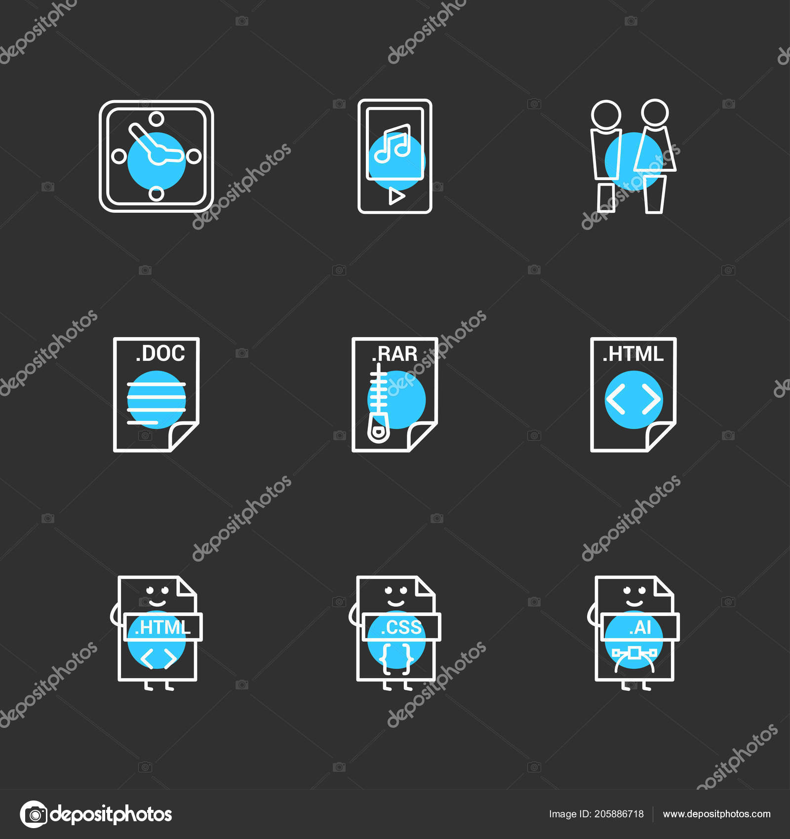 Conjunto Varios Iconos Aplicaciones Temáticas Sobre Fondo Negro Vector ...