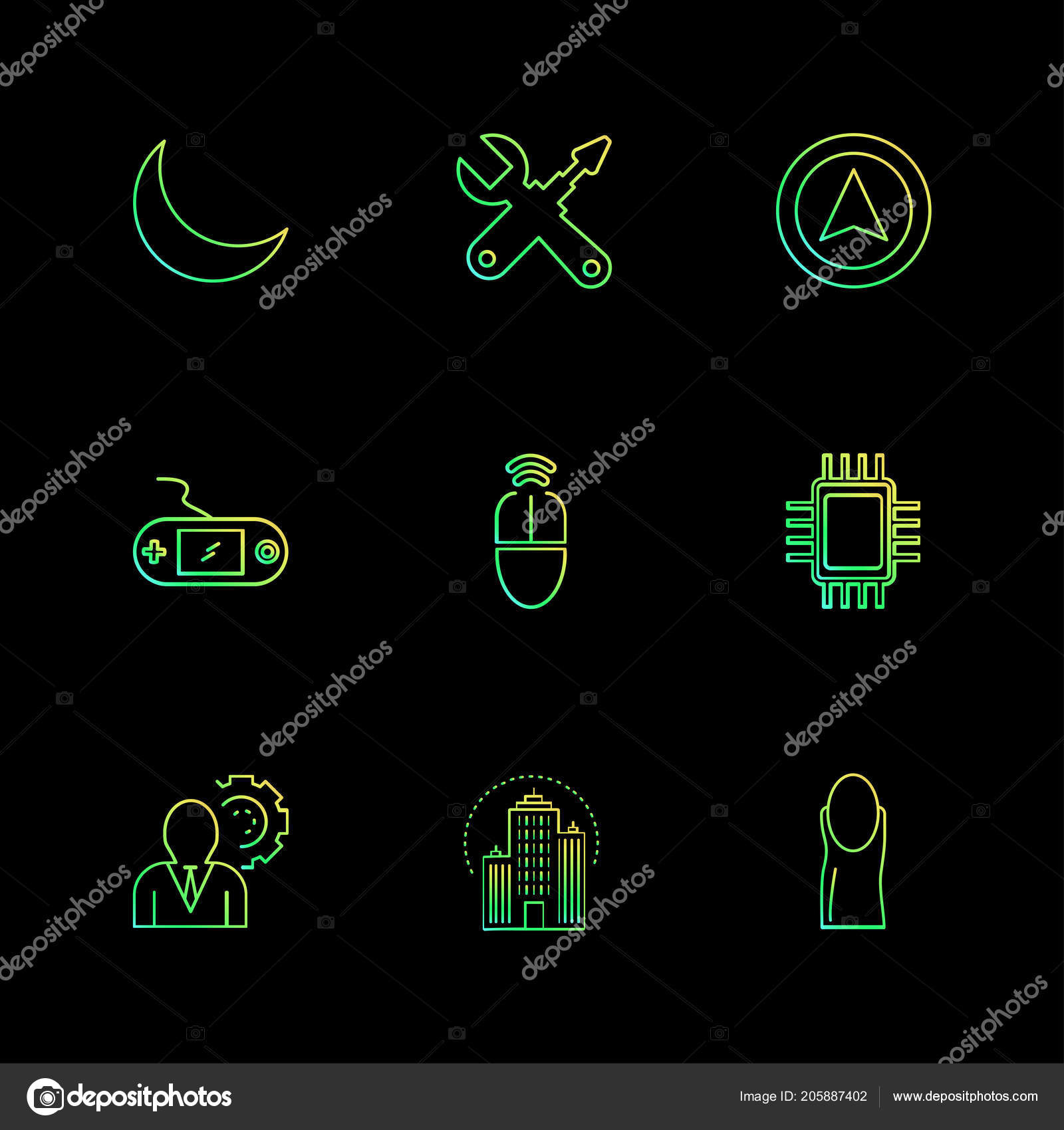 Conjunto Varios Iconos Aplicaciones Temáticas Sobre Fondo Negro Vector ...