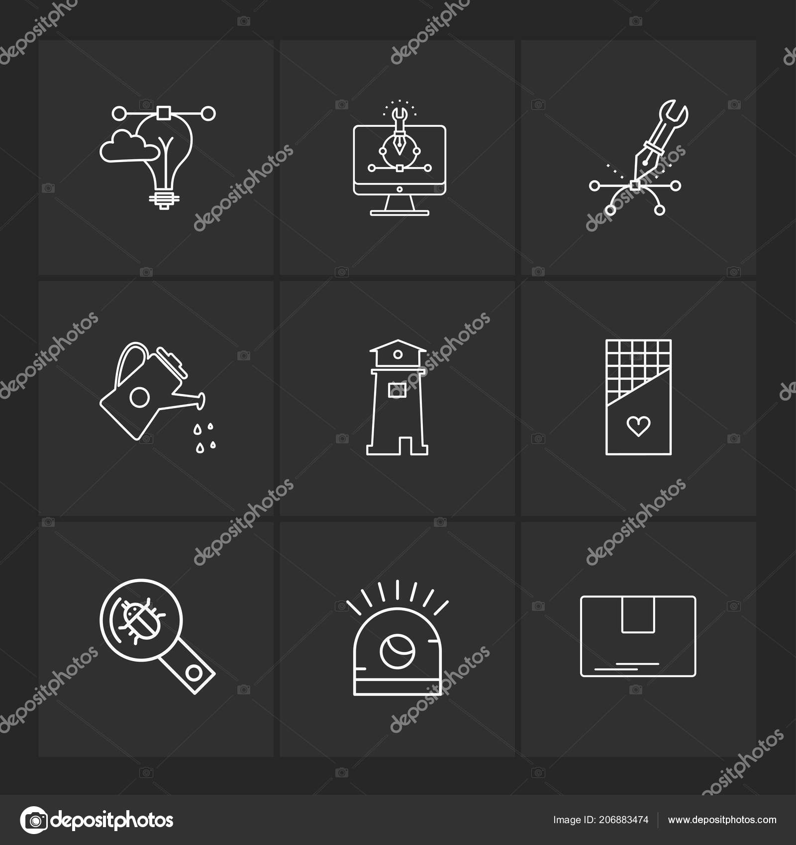 Flat Vector Illustration Icons Set Icons Black Background Stock Vector ...