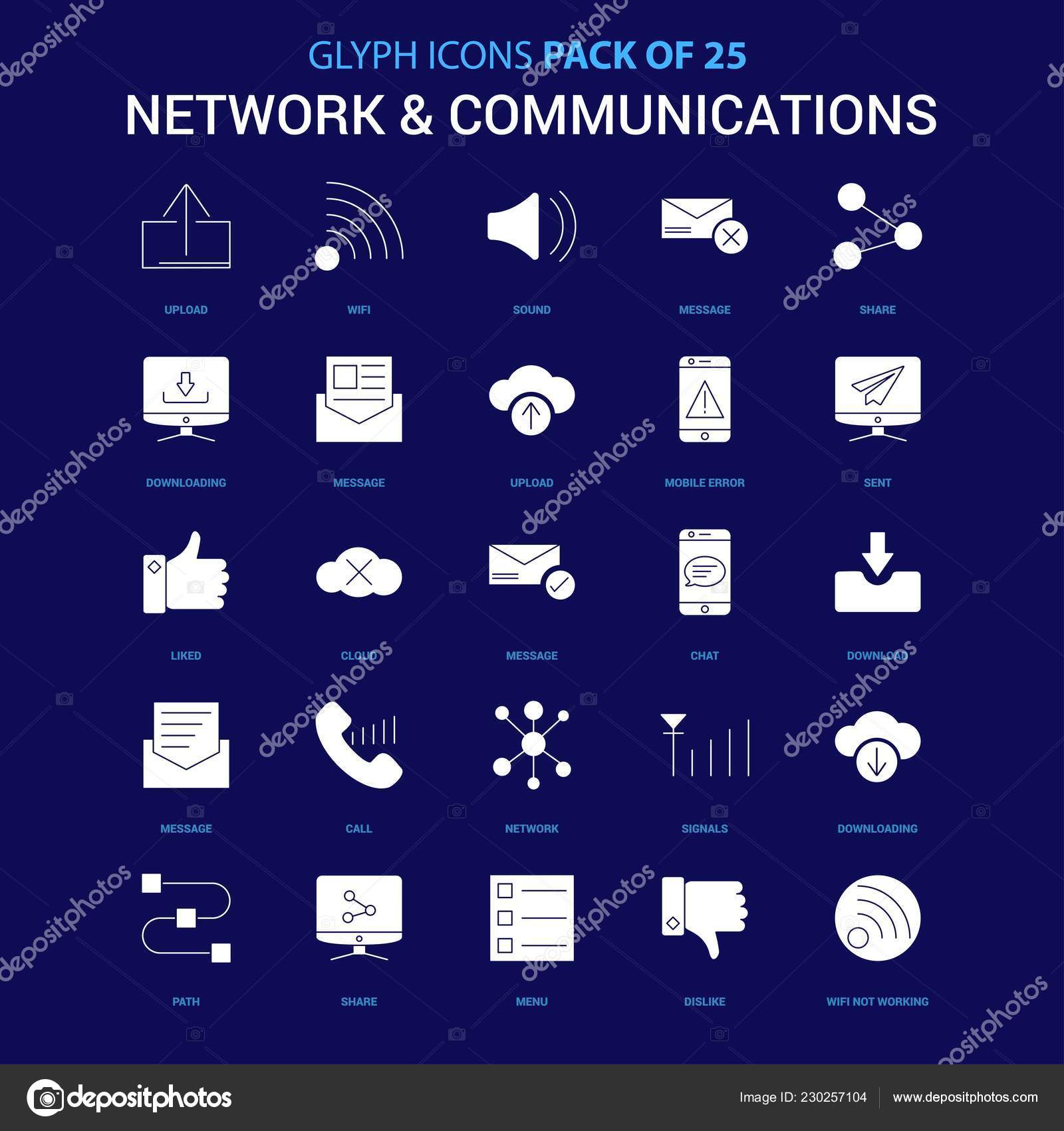 Network Communication White Icon Blue Background Icon Pack Stock Vector ...