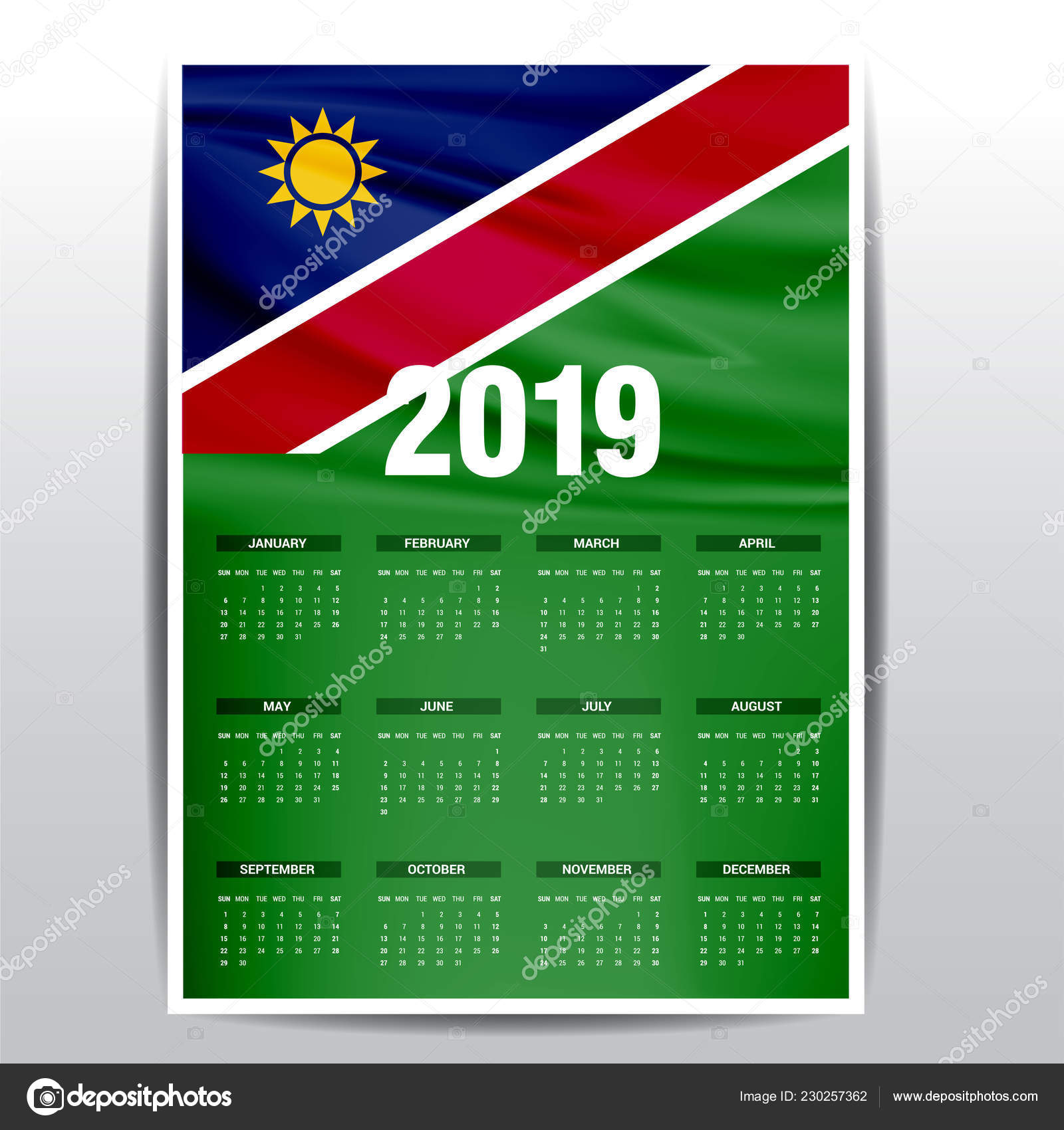 Calendar 2019 Namibia Flag Background English Language Stock Vector by ...