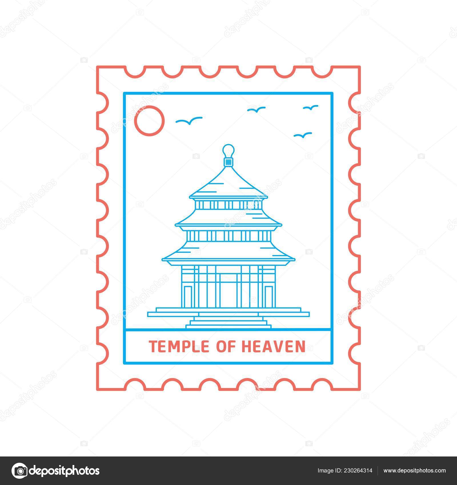 Temple Heaven Postage Stamp Blue Red Line Style Vector Illustration ...