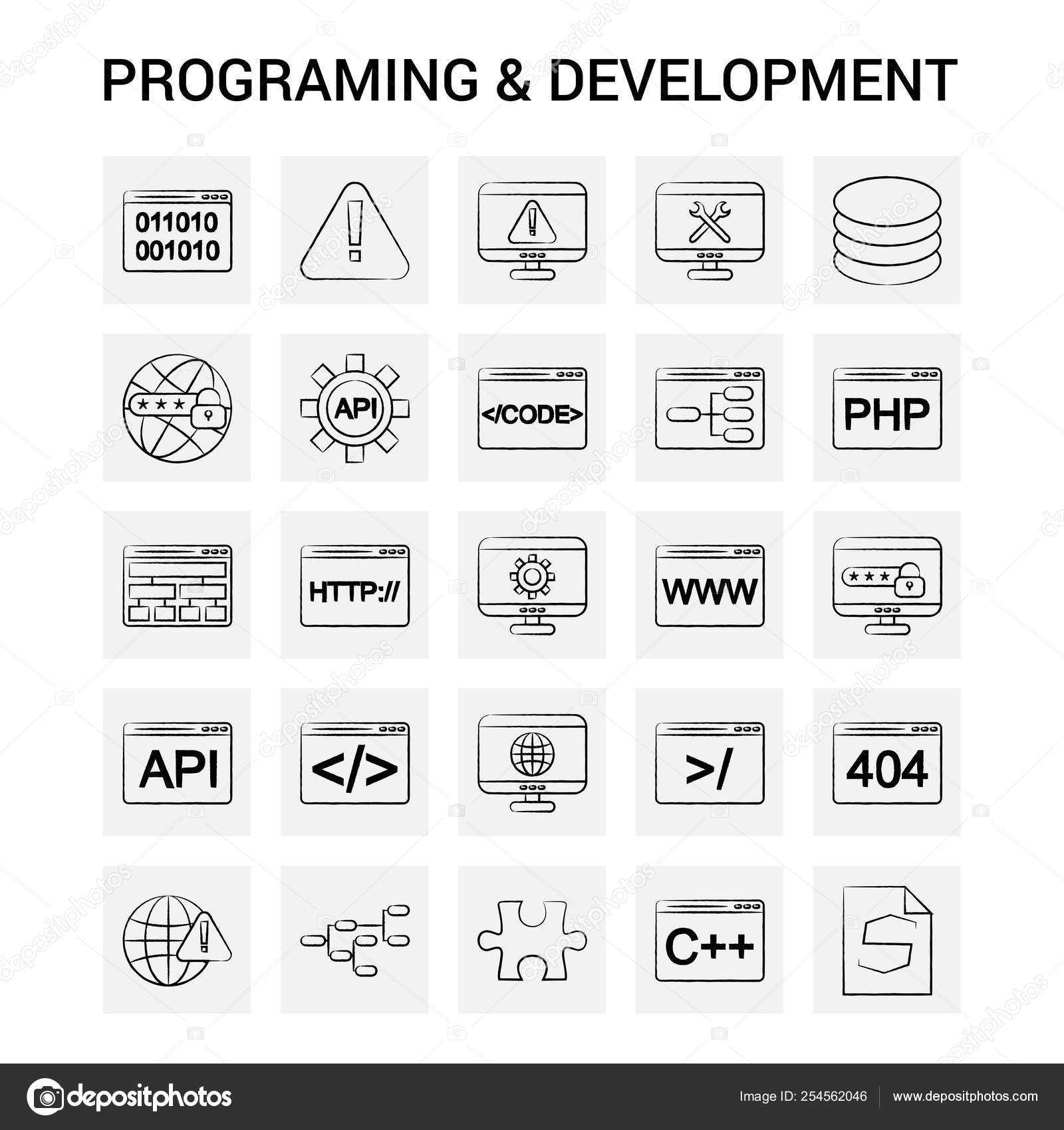 Hand Drawn Programming Developement Icon Set Gray Background Vector