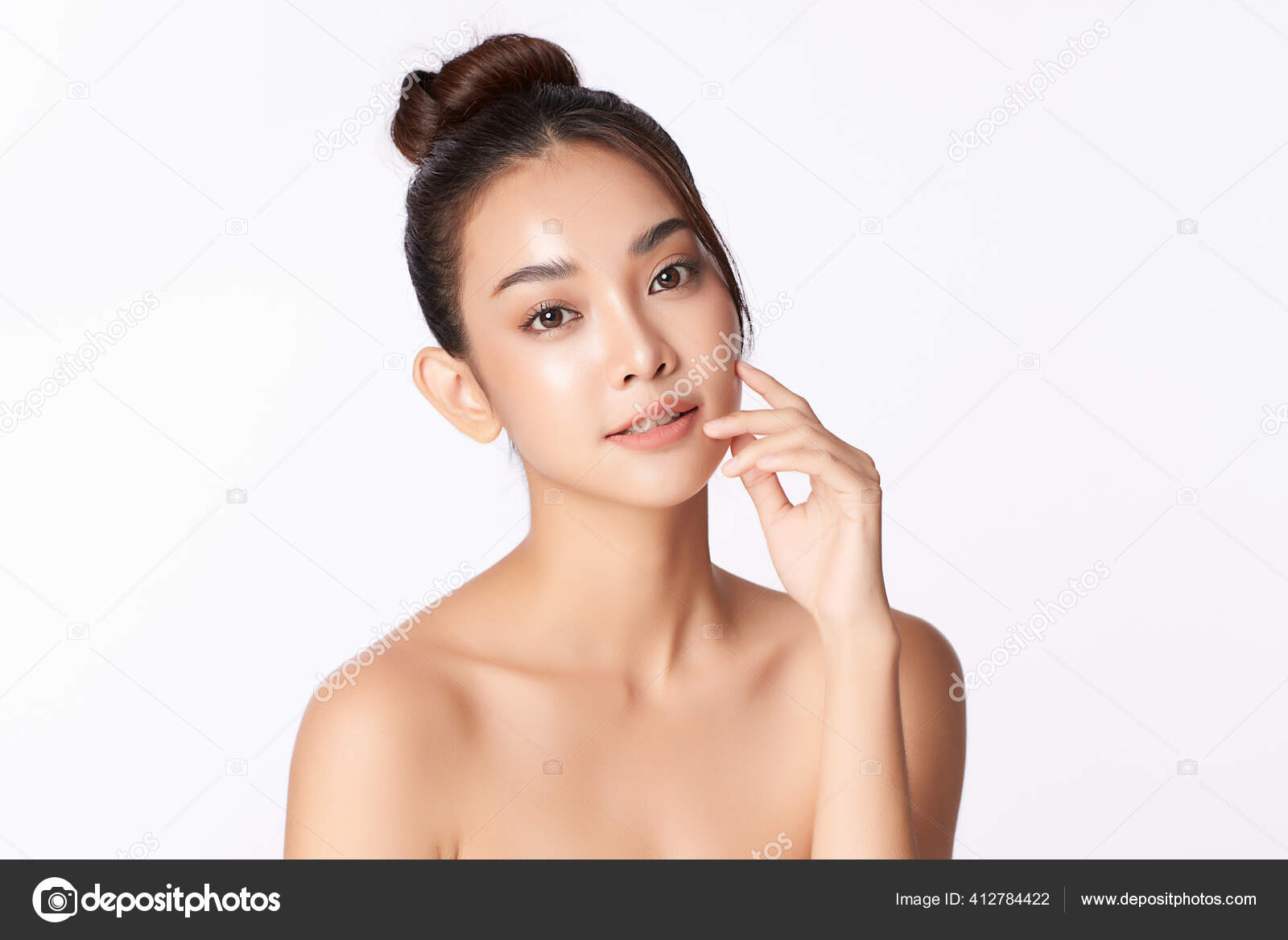 Beautiful Young Asian Woman Clean Fresh Skin White Background Face