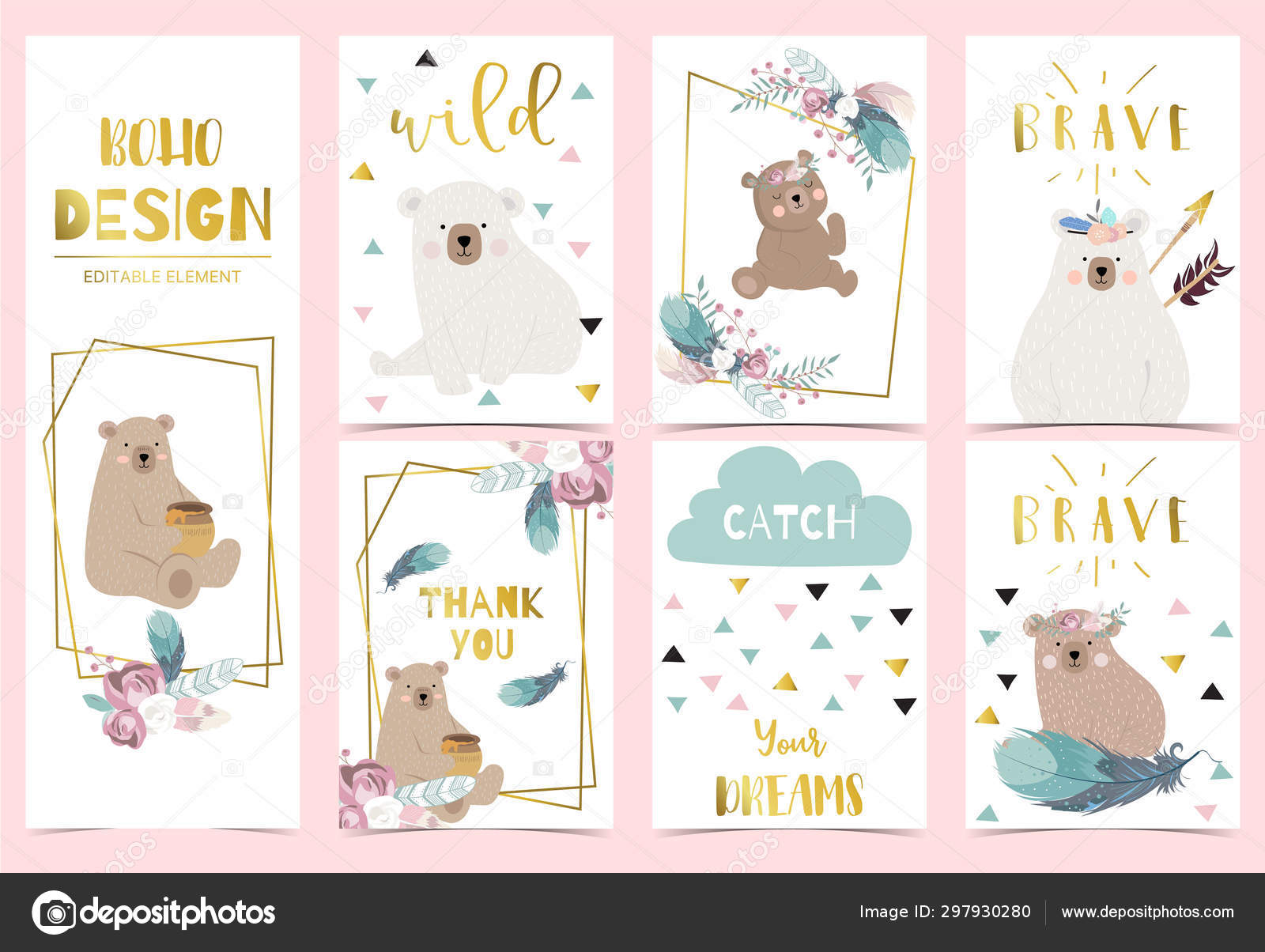 Collection of gold boho cards set with feather,flower,bear.Vecto Stock ...
