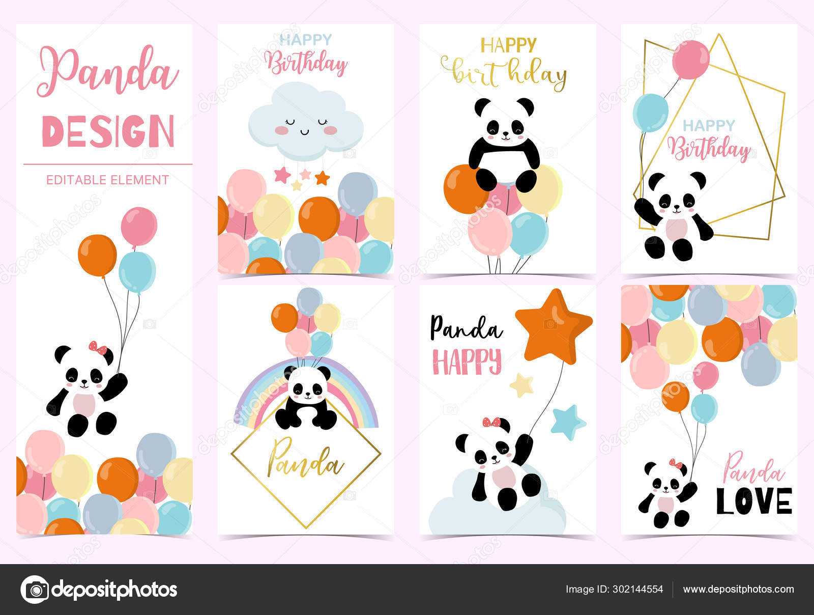 Collection of birthday background set with panda,rainbow,balloon Stock ...