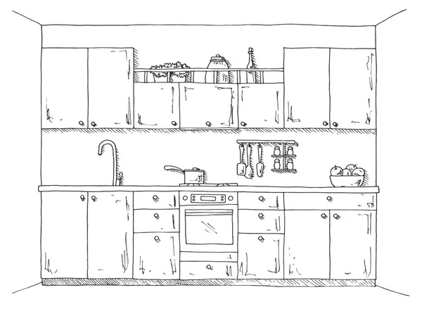 Sketch kitchen with a window. Vector illustration in a sketch style. ⬇ ...