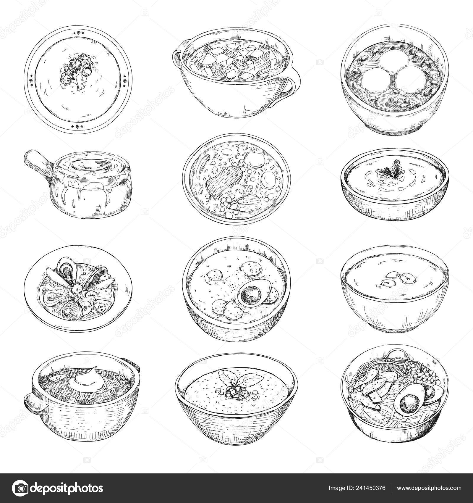 Conjunto Diferentes Sopas Ilustración Vectorial Estilo Boceto Vector de ...
