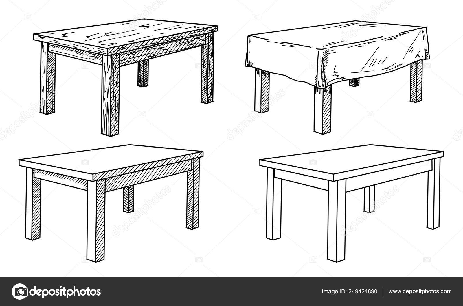 Realistic sketch of different tables in perspective. Table set. Vector ...