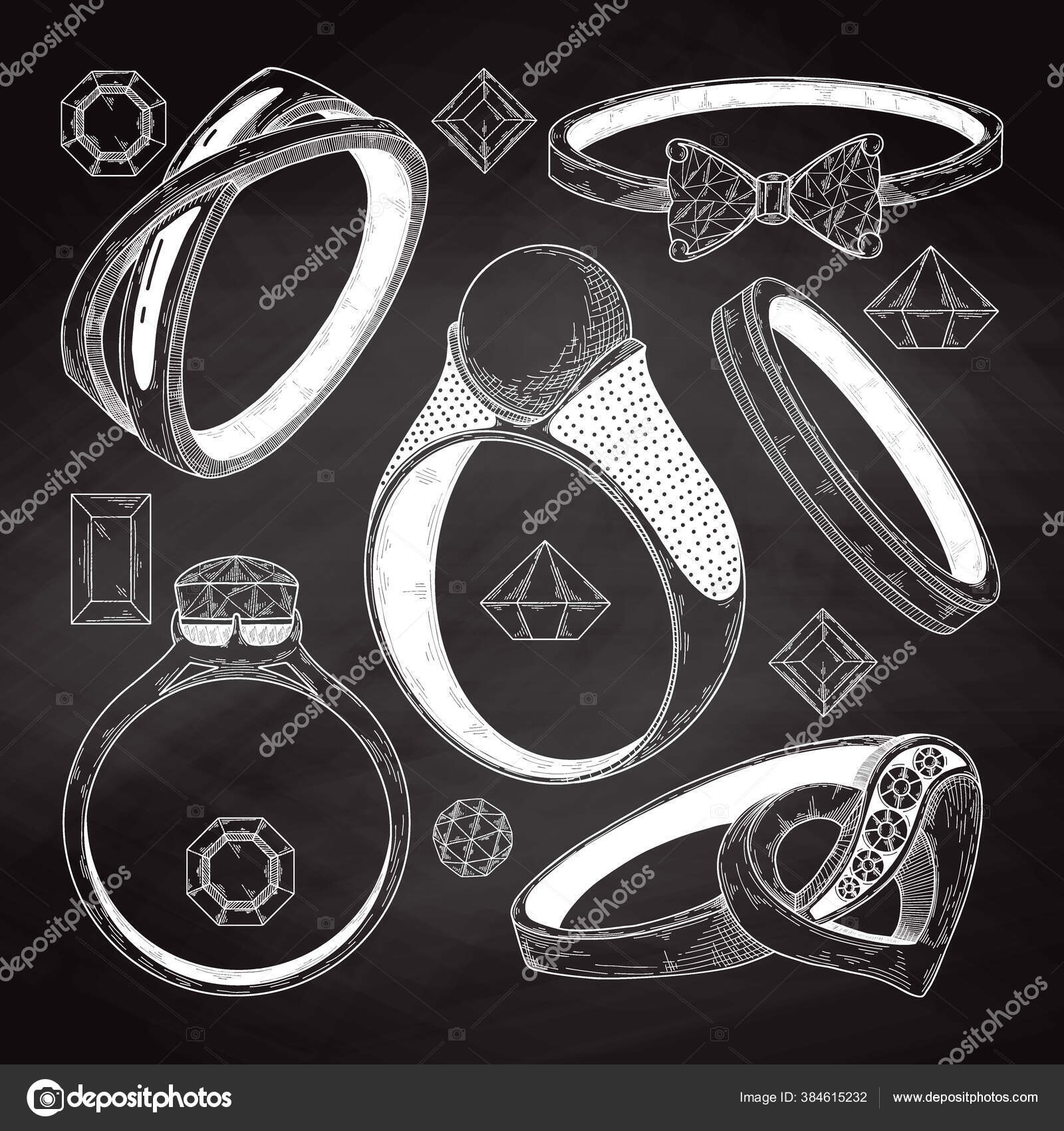 Hand Getekend Een Set Van Verschillende Sieraden Ringen Vector ...