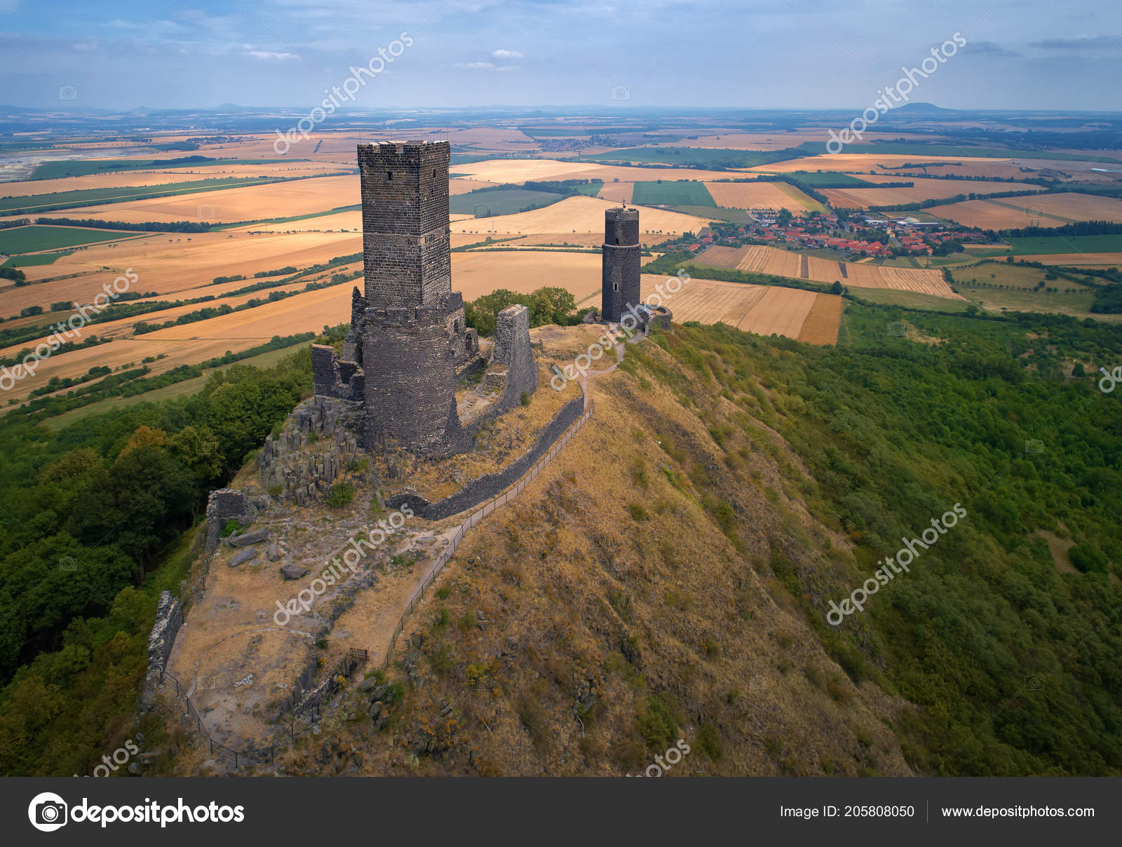 Aerial View Two Stone Towers Ruins Mediaeval Castle Hazmburk Hasenburg ...