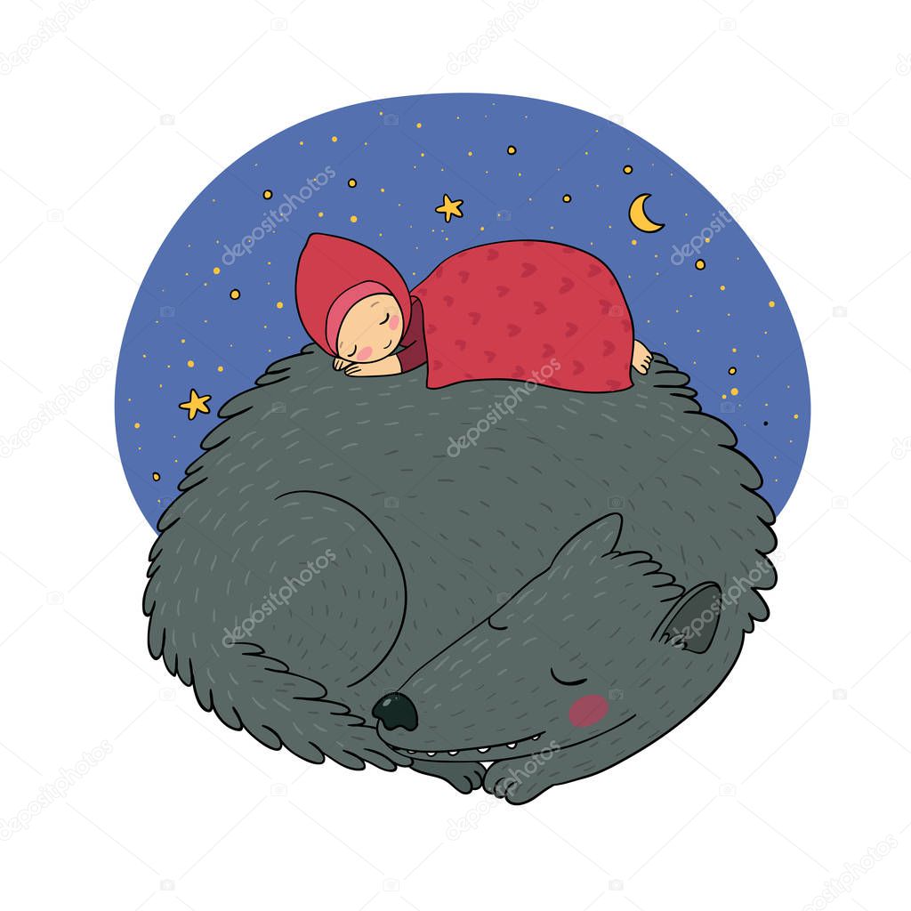 Pequeño cuento de hadas Caperucita Roja. Pequeña linda chica y lobo. 2023