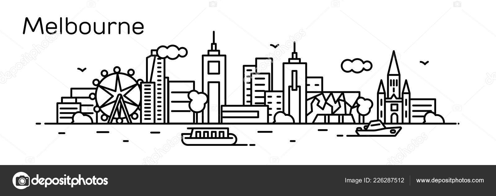 Black White Panoramic View Melbourne Buildings Boats River Isolated ...