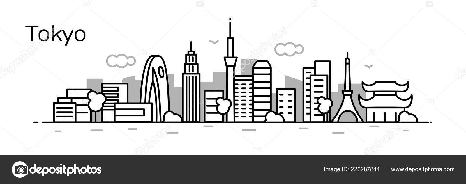 Black White Panoramic View Tokyo Skyscrapers Buildings Stock Vector ...
