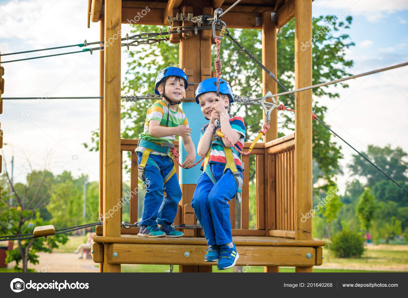 Happy Children Having Fun Adventure Park Two Adventurous Healthy ...