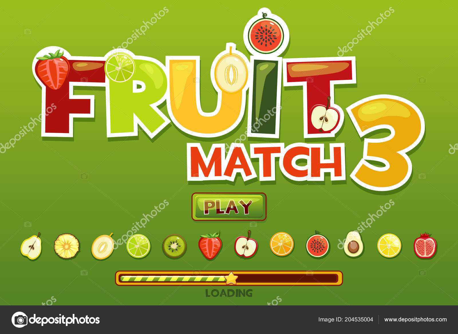 Fruit match3 on background and fruits icons. Button play and loading ... Fruit match3 on background and fruits icons. Button play and loading ...