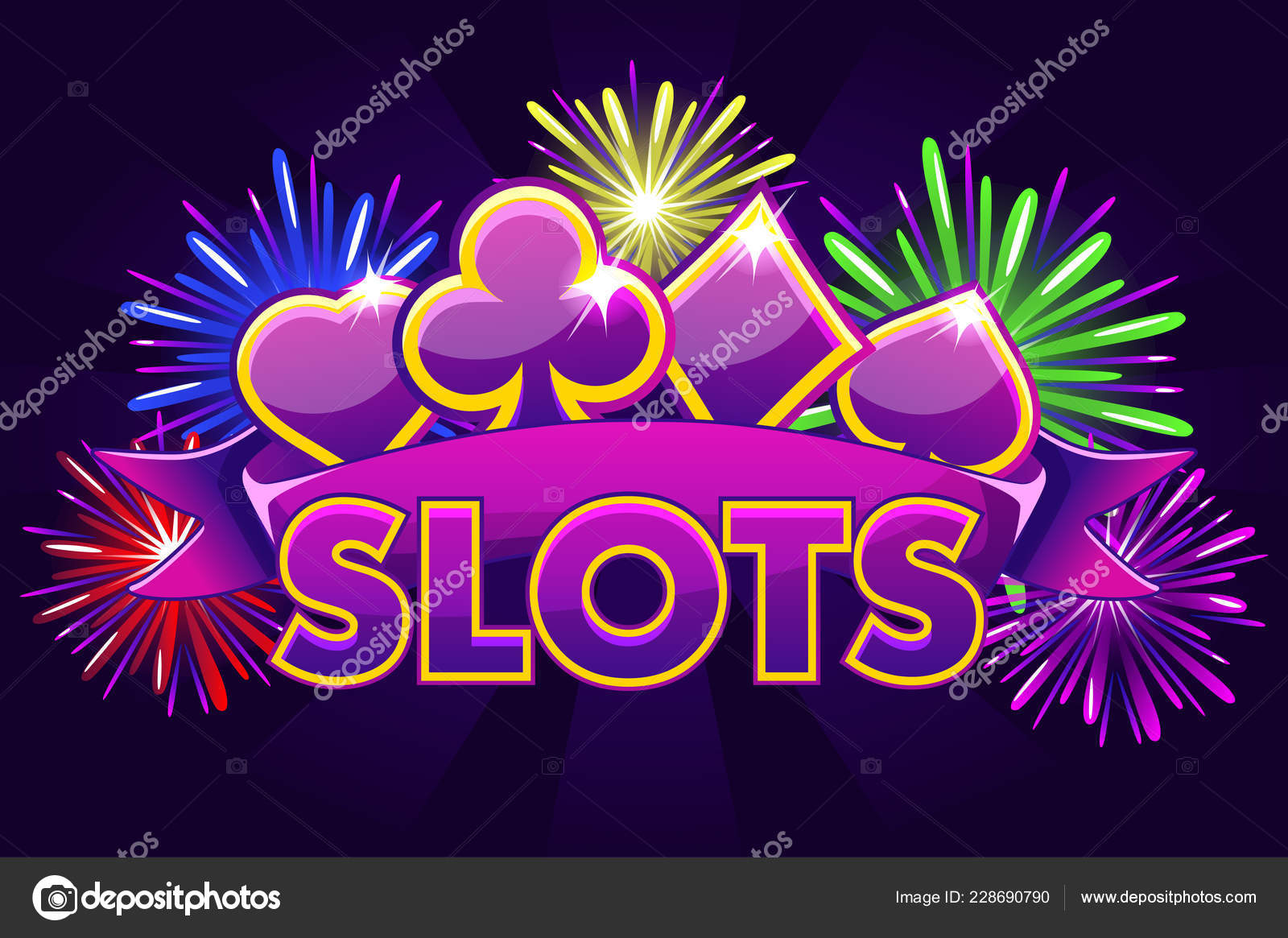 Screen logo slots, banner on violet background with icons, ribbon and ...